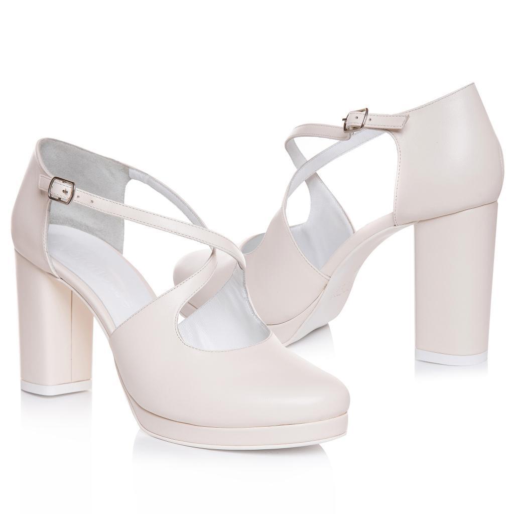 Sandale mireasă din piele naturală ivory cu toc masiv închise la vârf ...